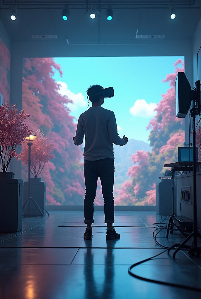 A person using a realistic complicated virtual reality setup inside a ...