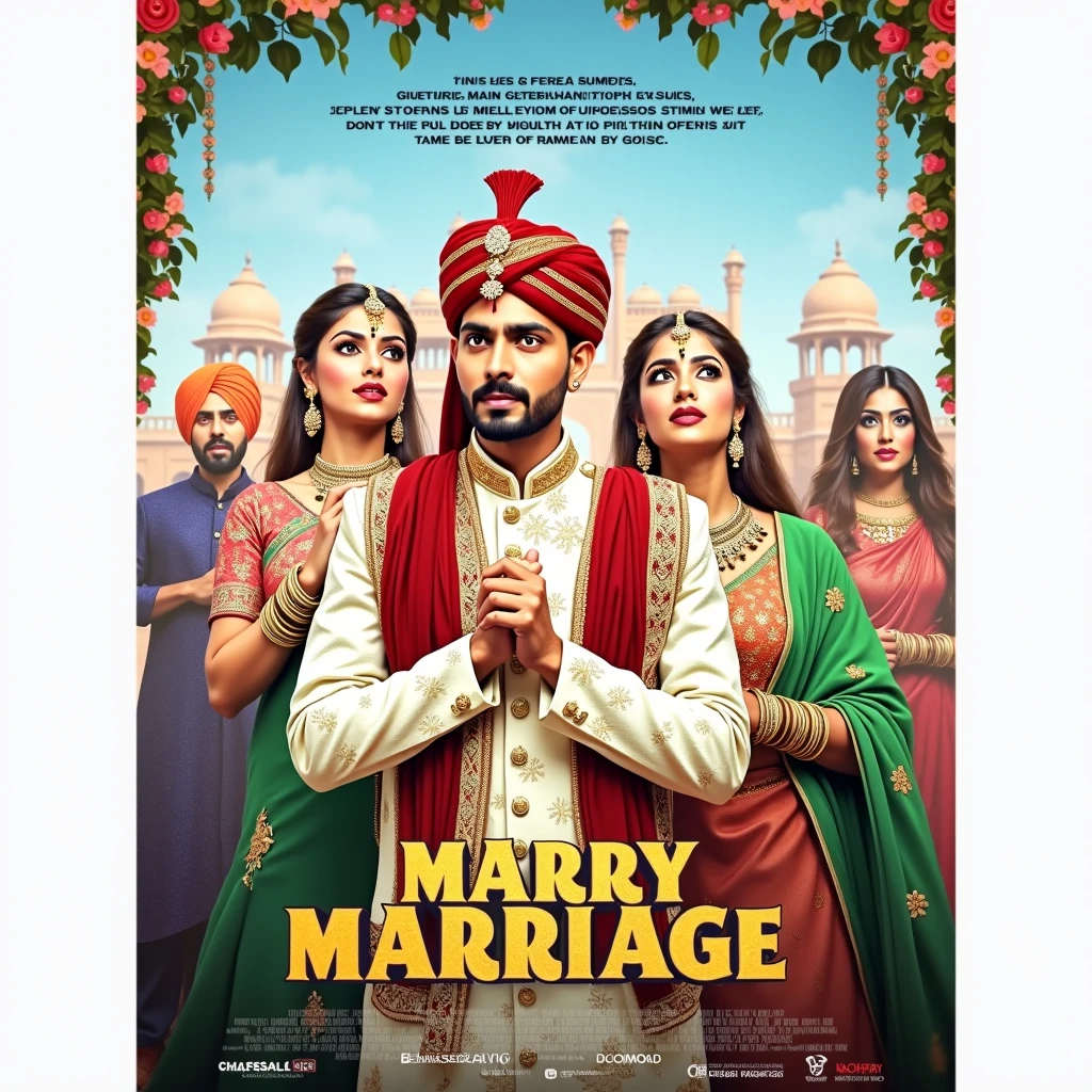 Design a cinematic bollywood romantic mvie poster featuring a grand ...