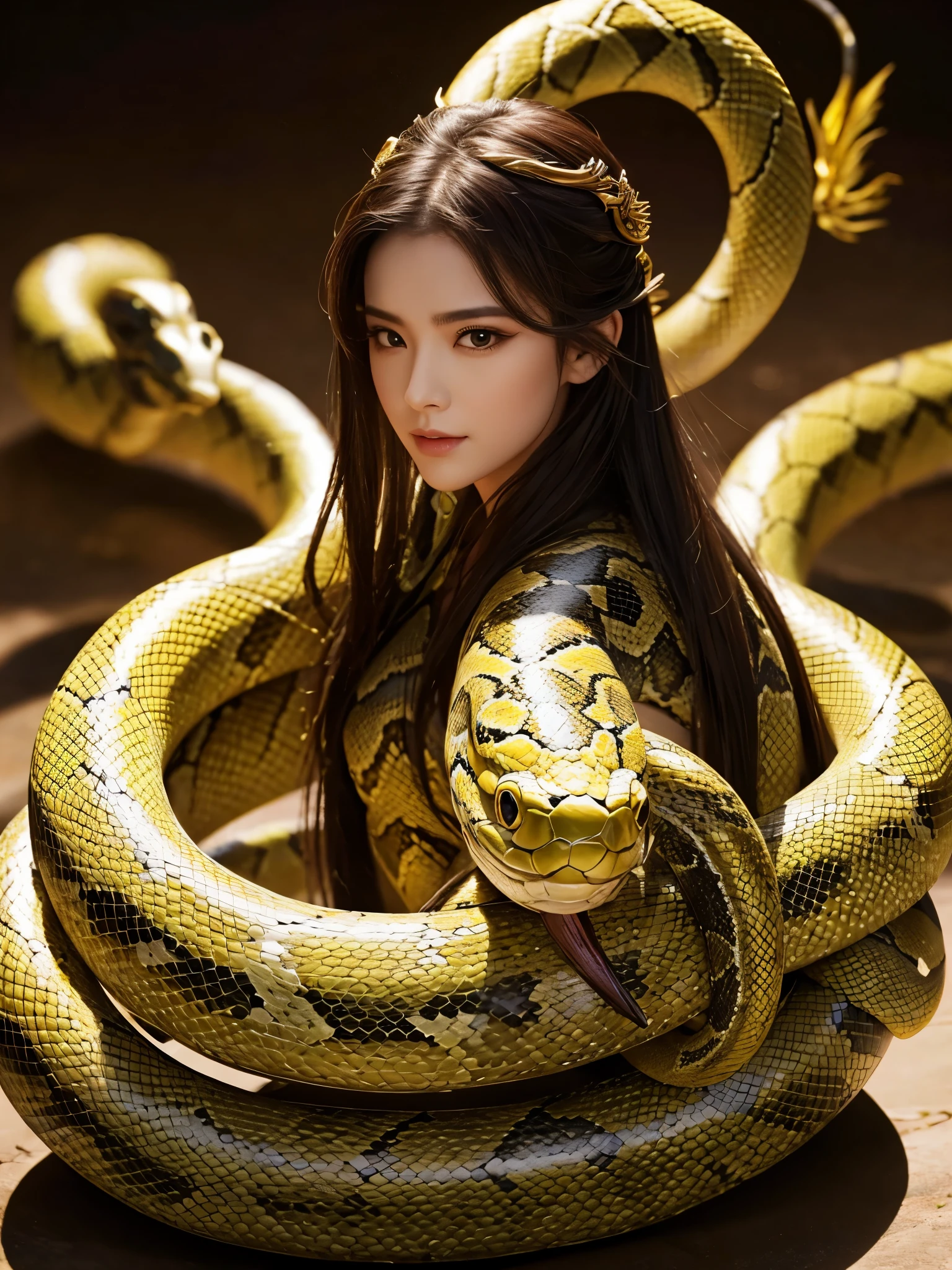 Araffe woman with a snake around her neck posing for a picture - SeaArt AI
