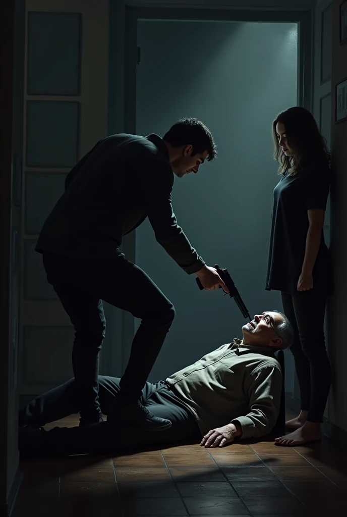 "A tense and dramatic scene in a dimly lit room. A man wearing dark ...