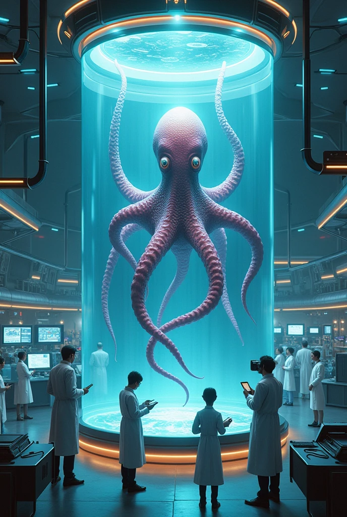 A futuristic laboratory tank with a floating octopus, surrounded by ...
