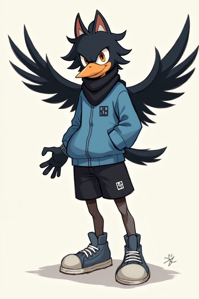 Anthropomorphic crow boy mobian introvert black hair rowdy blue sweater ...