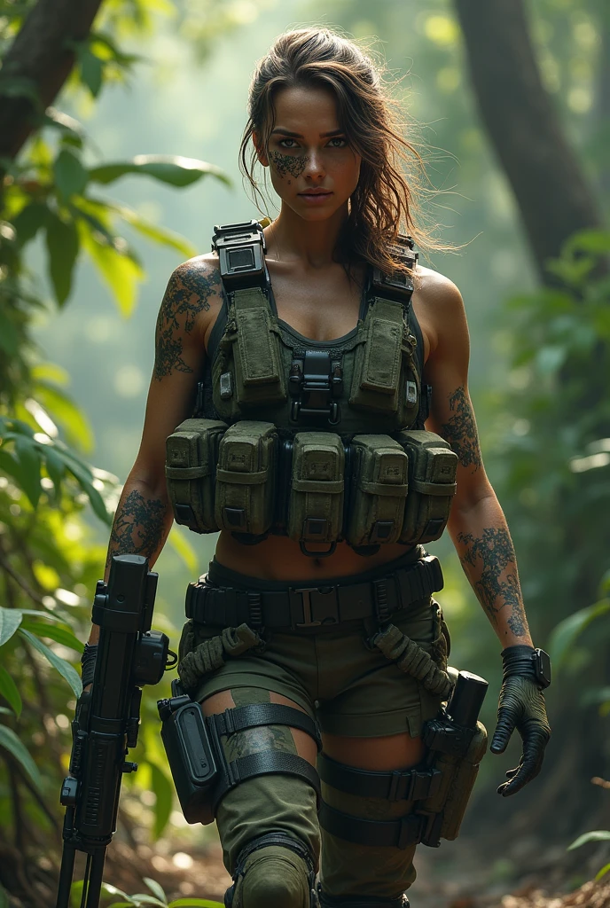 Female supef soldier wears camoflage paint in the forest - SeaArt AI