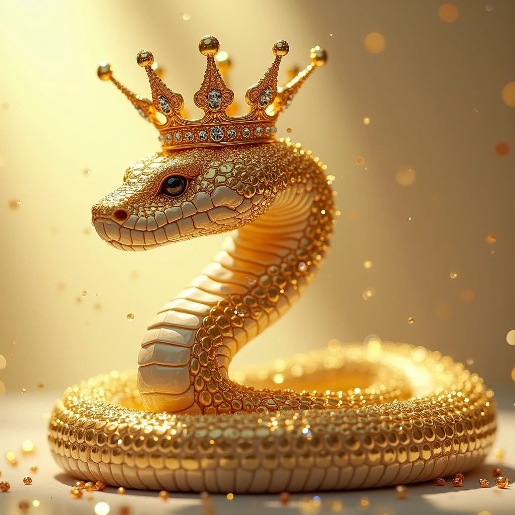 Cute golden snake in diamonds, crown on his head, computer graphics ...