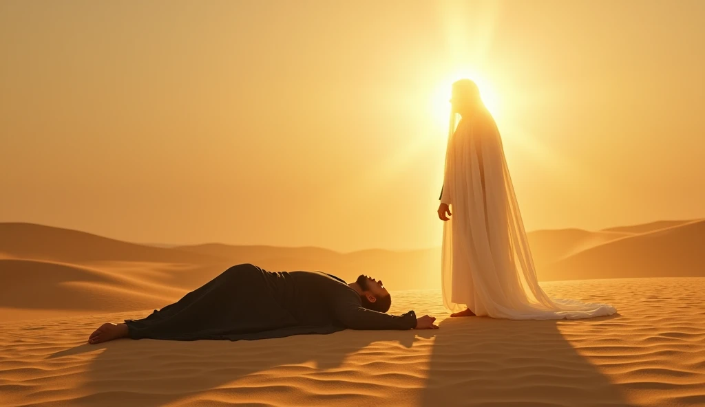 "A vast desert scene with golden sands stretching endlessly. One man ...