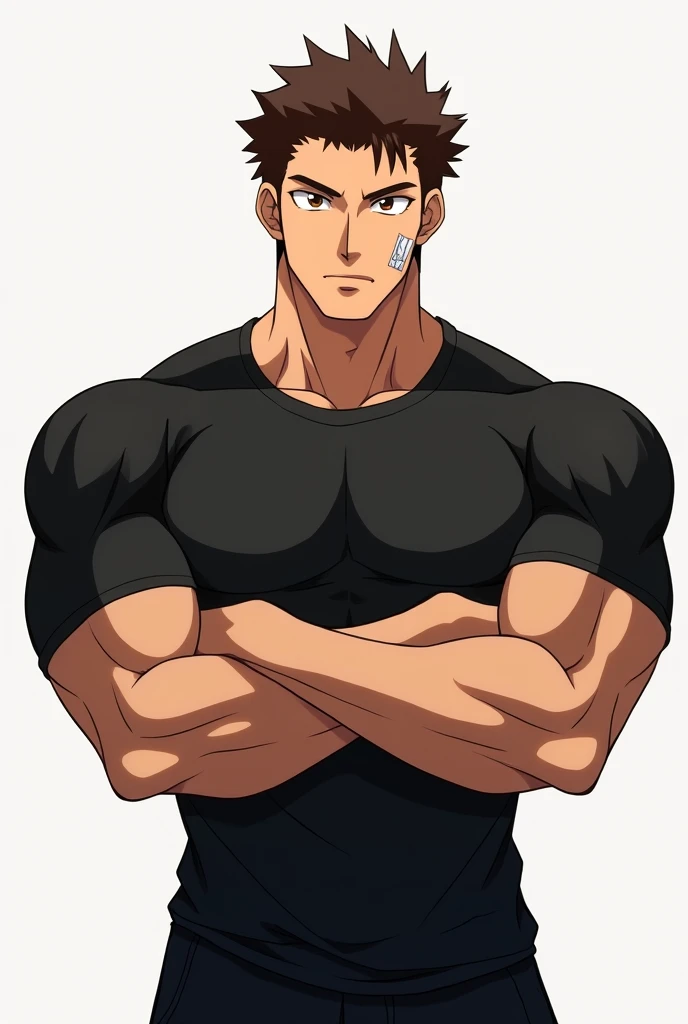 1male, solo, muscular, brown hair, bandaid on cheek, black compression ...