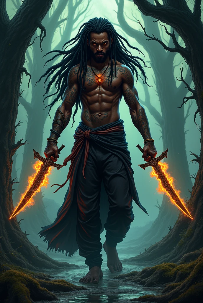 A skinny black man with fiery eyes with long dreads and tattoos And ...