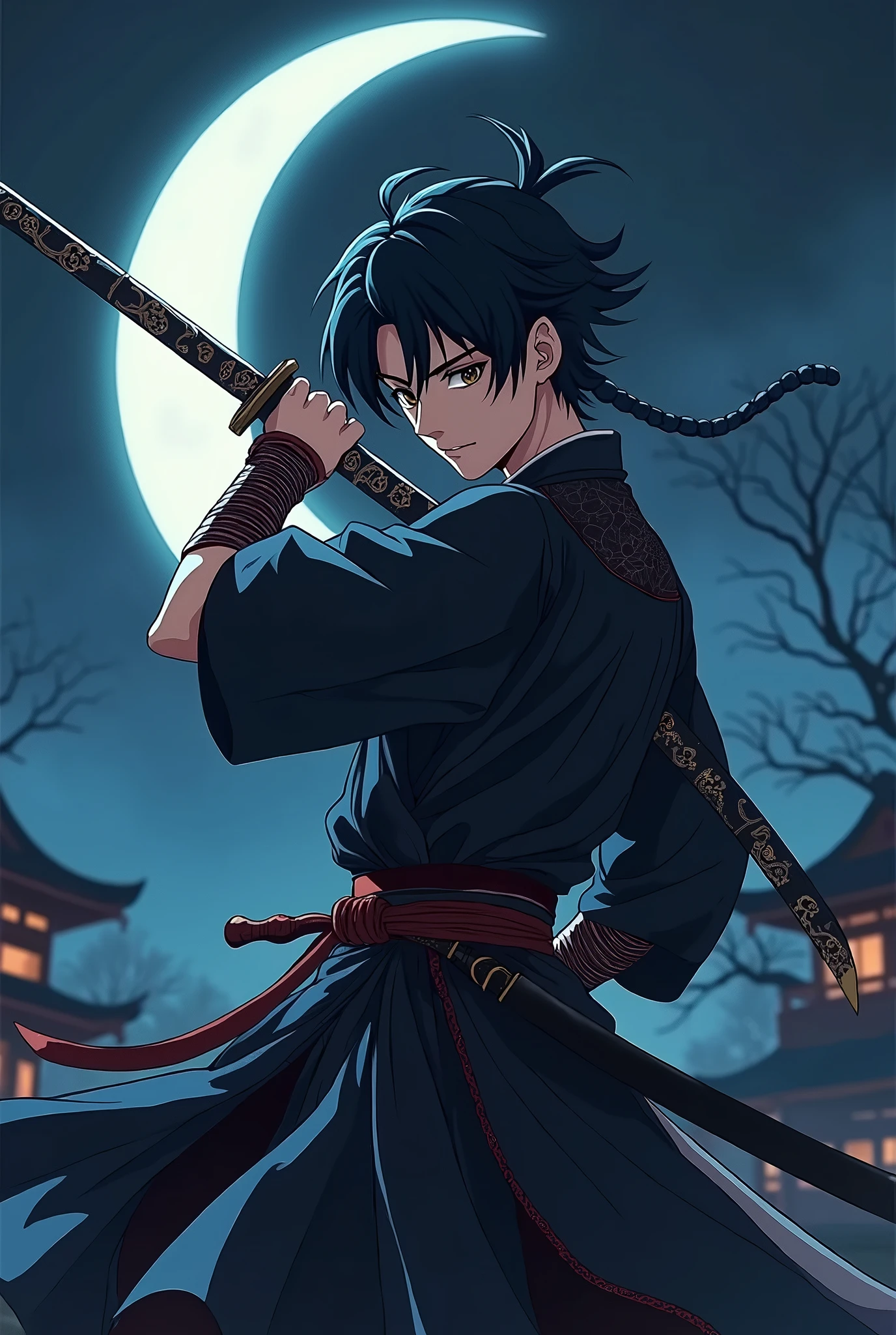 Anime character with sword in front of a full moon - SeaArt AI