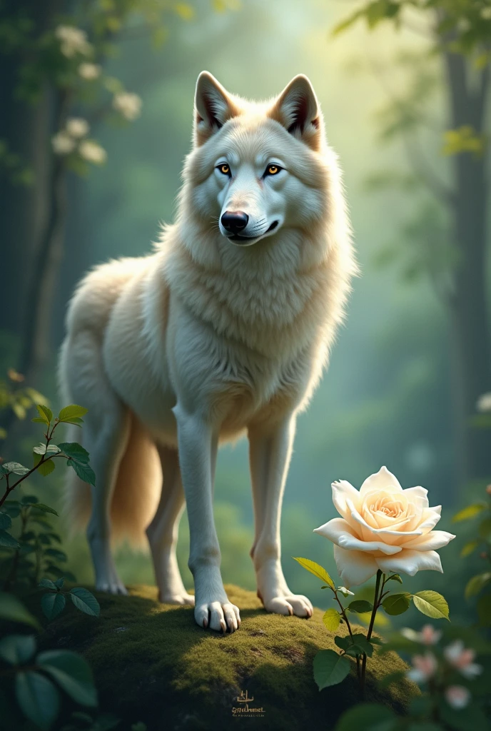 White rose and wolf in one frame - SeaArt AI
