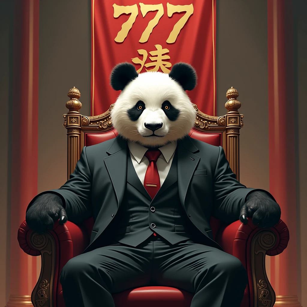 Panda in a suit on a throne , in the background there is a flag with ...