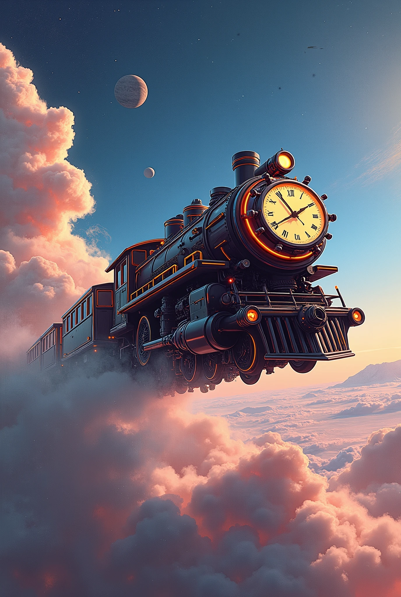 There is a train that is flying through the sky with a clock on it ...