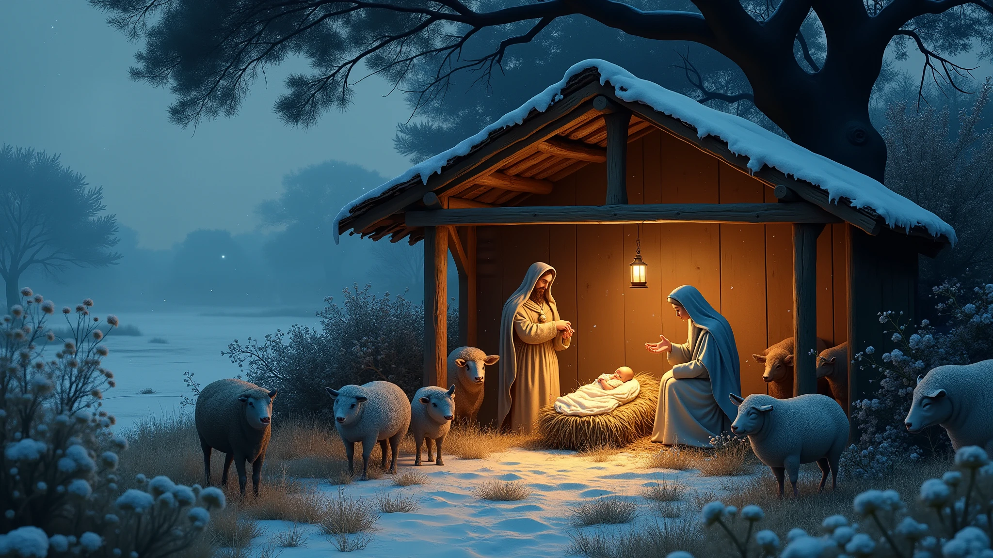There is a nativity scene with sheep and a manger - SeaArt AI