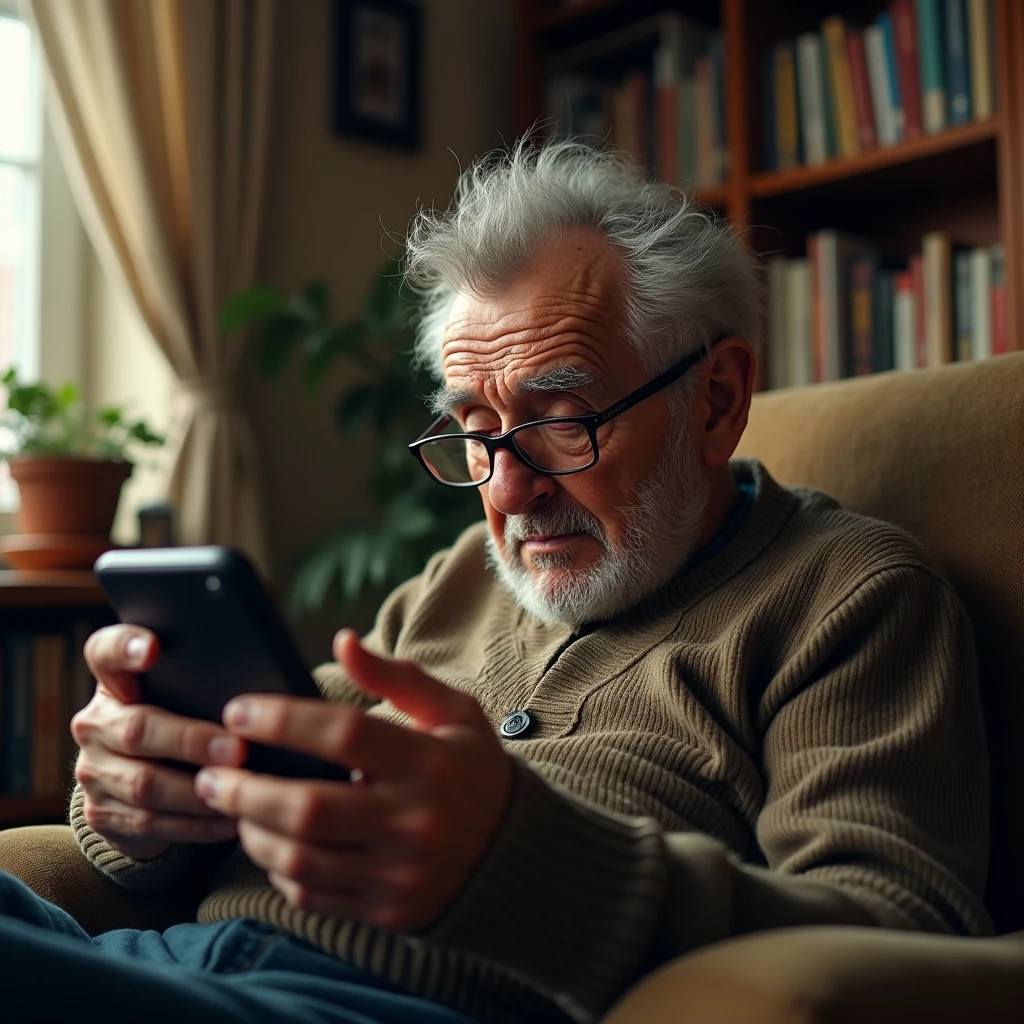 An elderly adult looking closely at his cell phone at home - SeaArt AI
