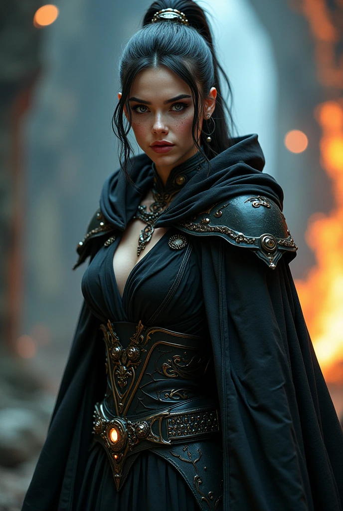 A highly detailed, futuristic sci-fi portrait of a powerful female mage in dark - SeaArt AI