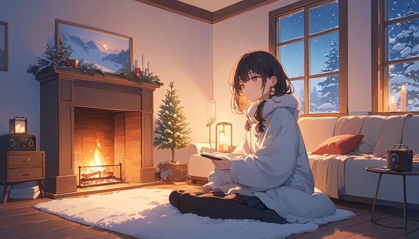 An anime-style illustration of a cozy room with a glowing fireplace ...