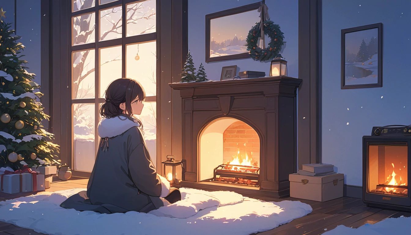 An anime-style illustration of a cozy room with a glowing fireplace ...