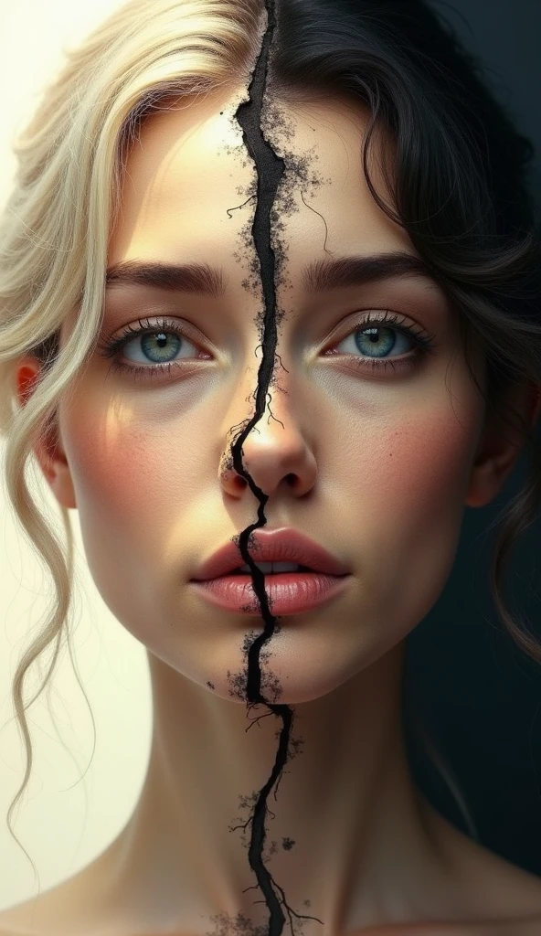 A striking illustration of a woman's face divided into two contrasting ...