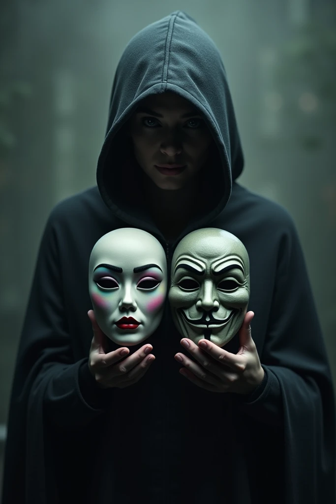 A hidden person hooded holding two masks, ome female ome male - SeaArt AI