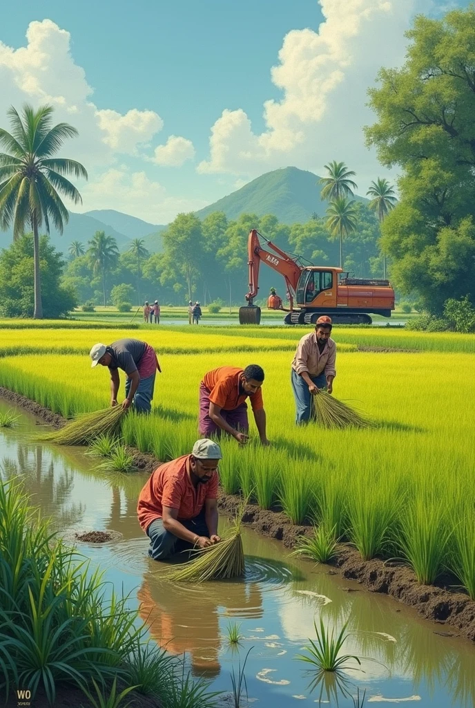 People in field putting paddy while water is being getting in the field ...