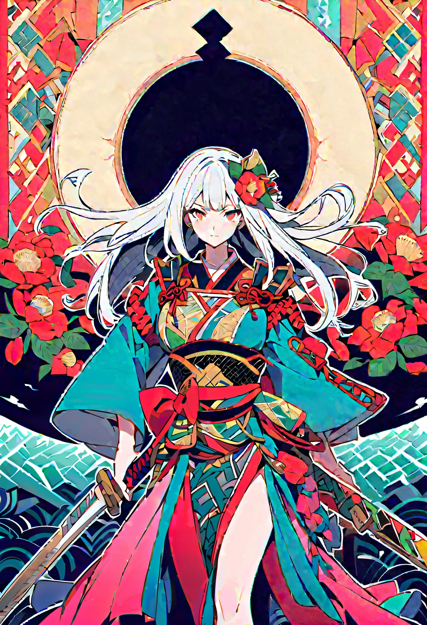 Anime character with sword and red dress standing in front of a stained ...
