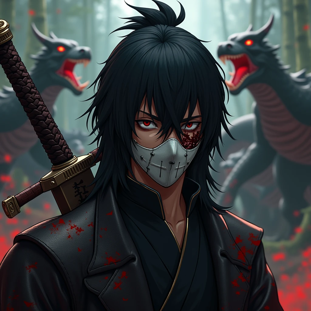 Solo, Black hair , Half broken mask, anime, big sword on the shoulder ...