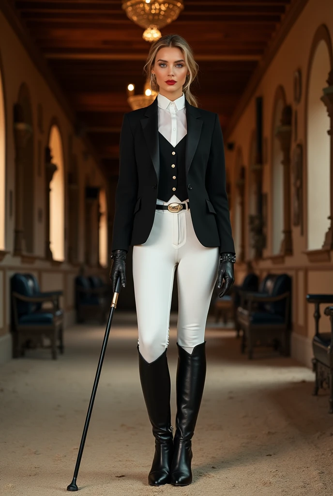A portrait of an elegant dressage horse riding woman in white riding ...
