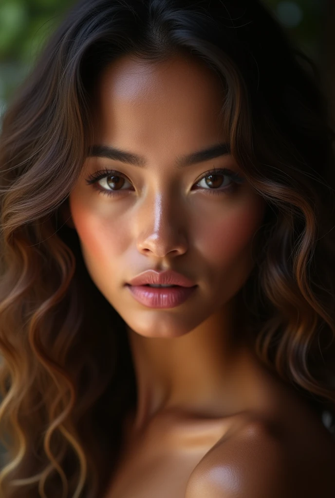 Beautiful 25-year-old woman, dark skin, light brown slanted eyes ...