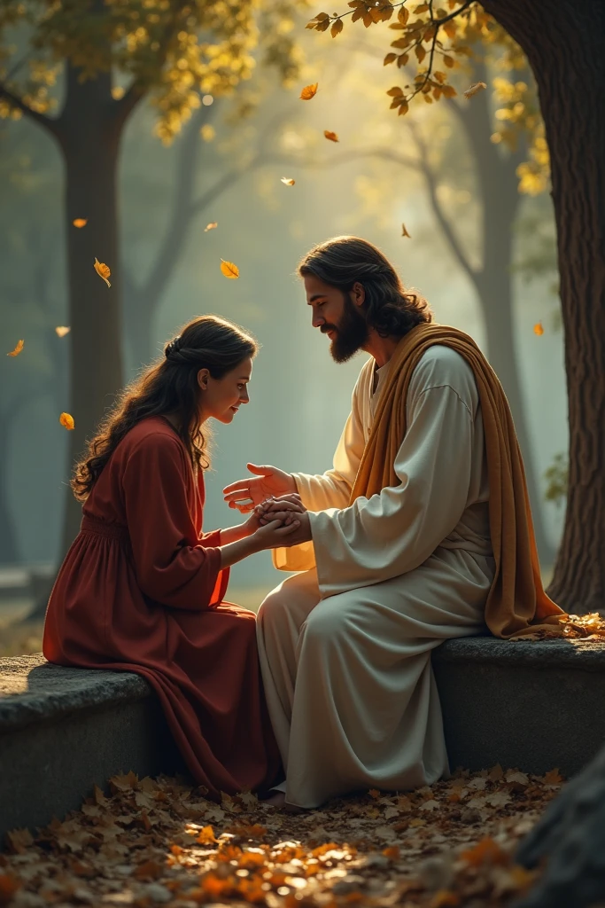 Jesus sitting on a wooden bench in a quiet cemetery , comforting a ...