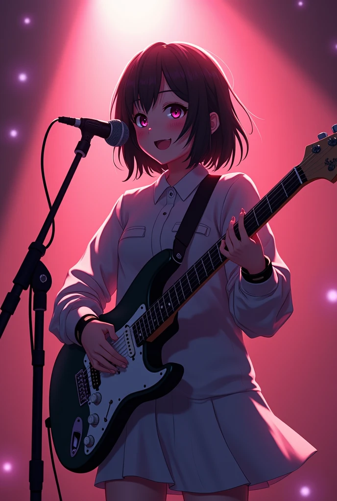 Anime girl with a guitar and microphone on stage with a microphone ...