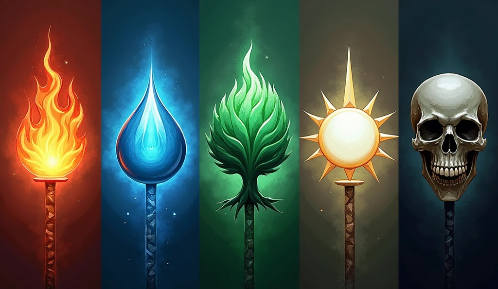 Create an artwork depicting all five color manas from Magic the ...