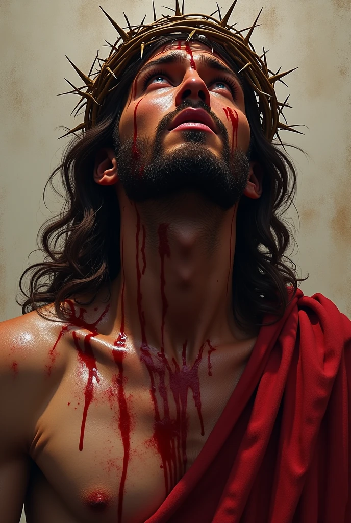 The Lord Jesus with the crown of thorns and bleeding, covered by blood ...