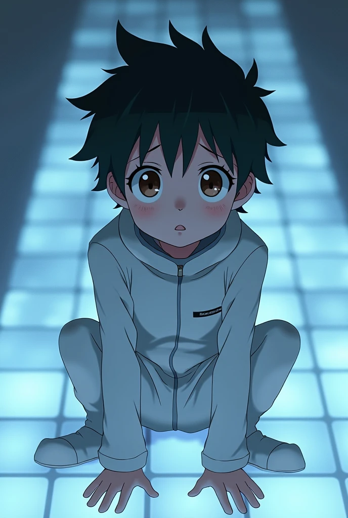 Zoom in on a young anime boy , assis sur le sol, disoriented - SeaArt AI