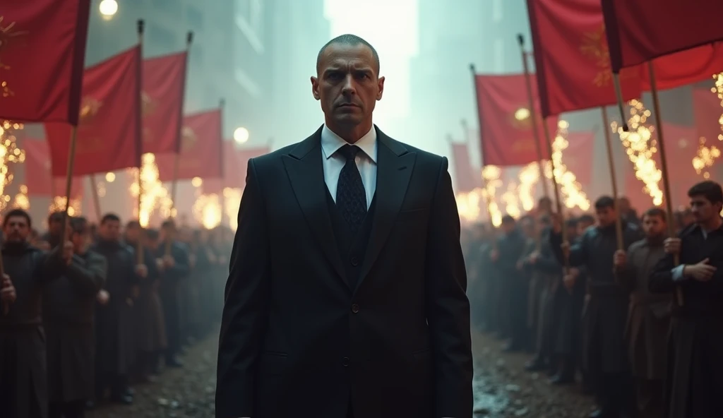 A foreboding figure in modern, elegant attire stands before a ...