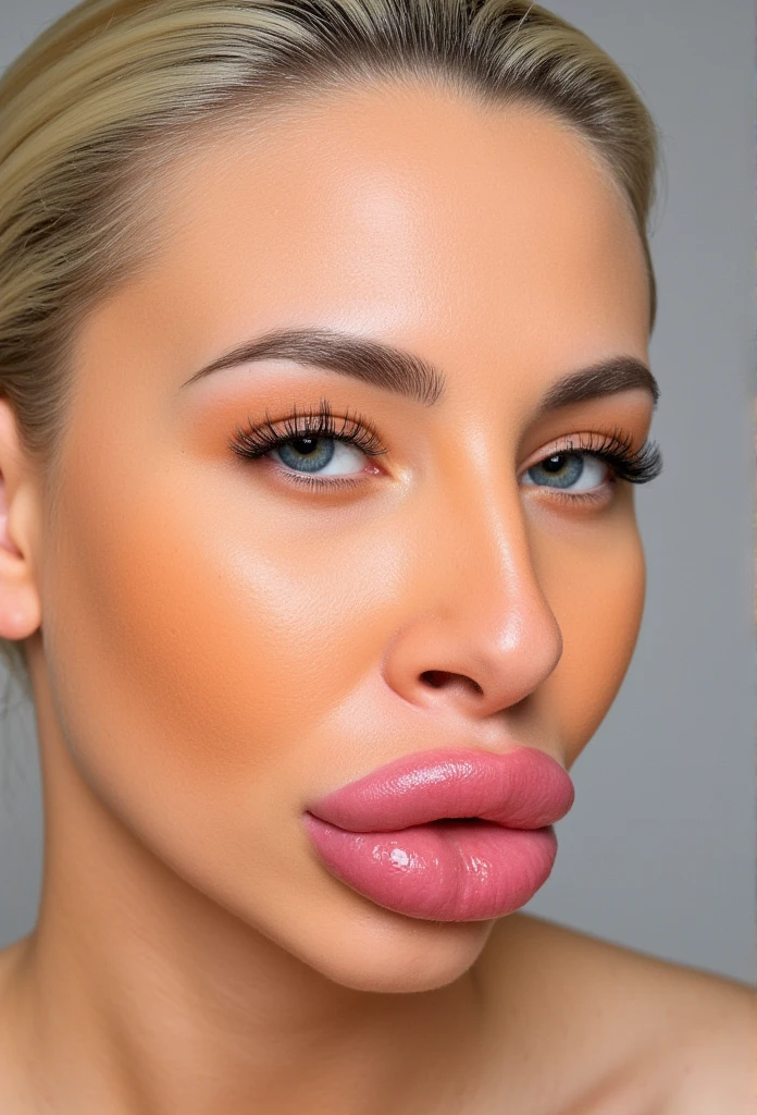 Extreme big lips, matt pink lips, golden hair girl, stupid face - SeaArt AI