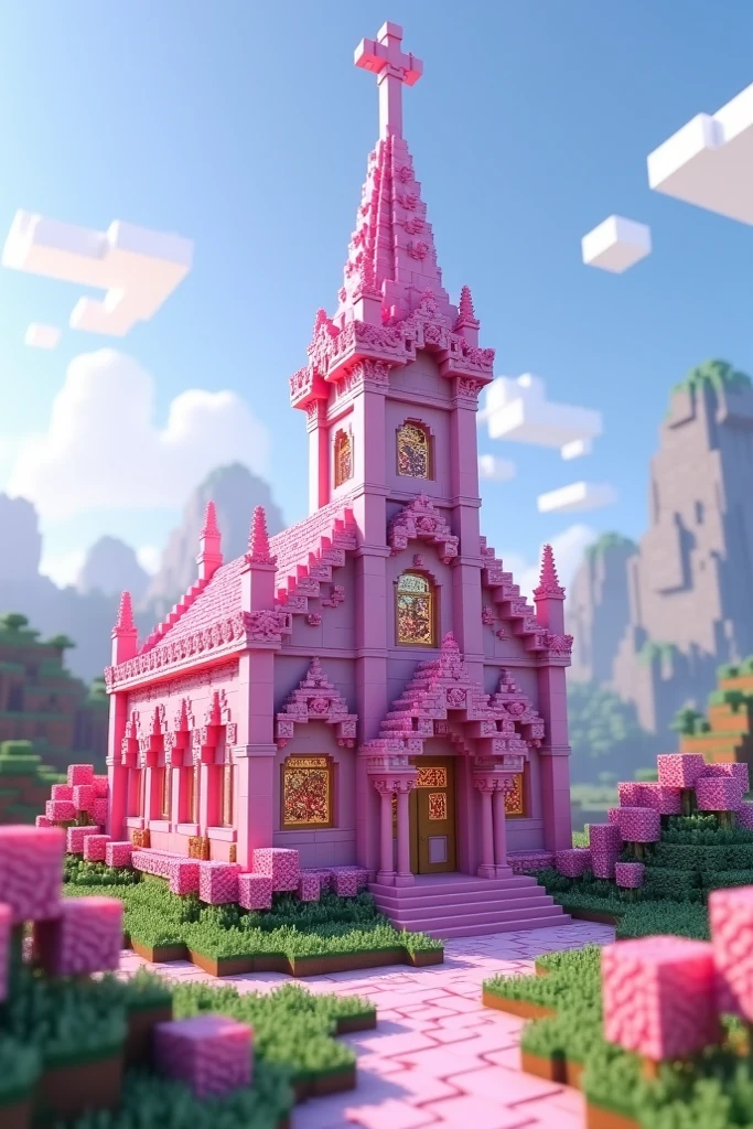 Create a church in Minecraft with pink blocks and pink flowers - SeaArt AI