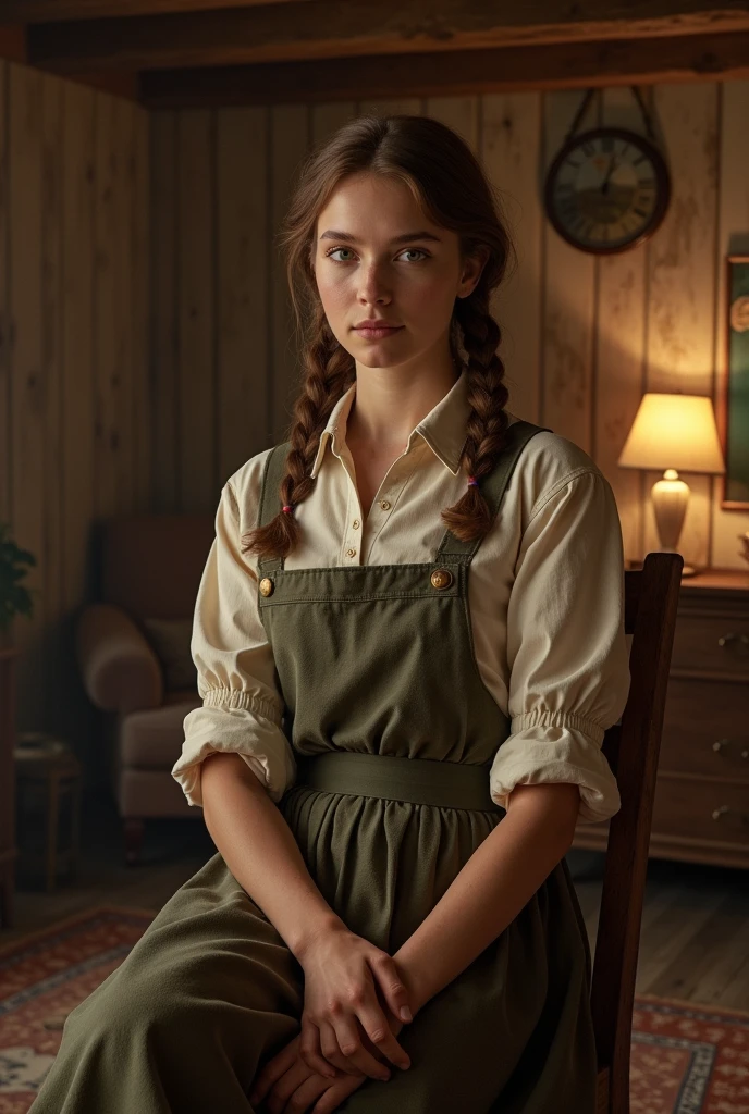 Actress Emma Myers sitting on a wooden chair in an Ingalls Family room ...