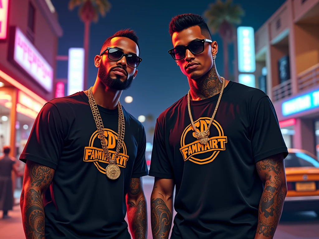 Two real hip hop rappers with t shirt that says S D fammart, gold grill ...