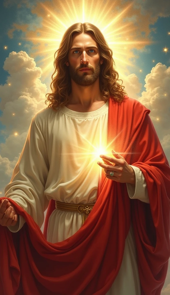 Jesus Christ with blue eyes , wavy brown hair , Serene expression ...