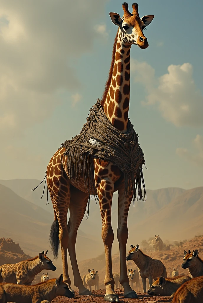 A battle-hardened giraffe stands proudly, his eyes reflecting a ...
