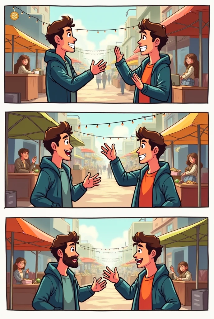 Give me a comic illustration with three parts about a conversation ...