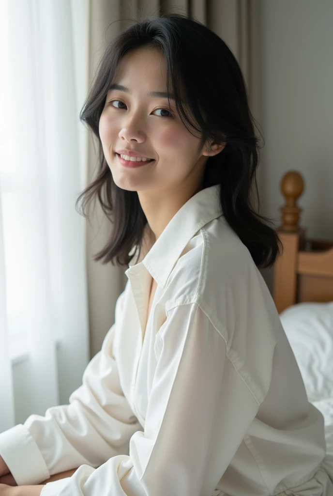 Araffe asian woman in white shirt sitting on a bed, sui ishida with ...