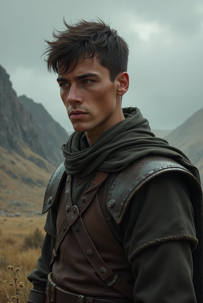 A sad warrior man in the Middle Ages is a little brunette with short ...