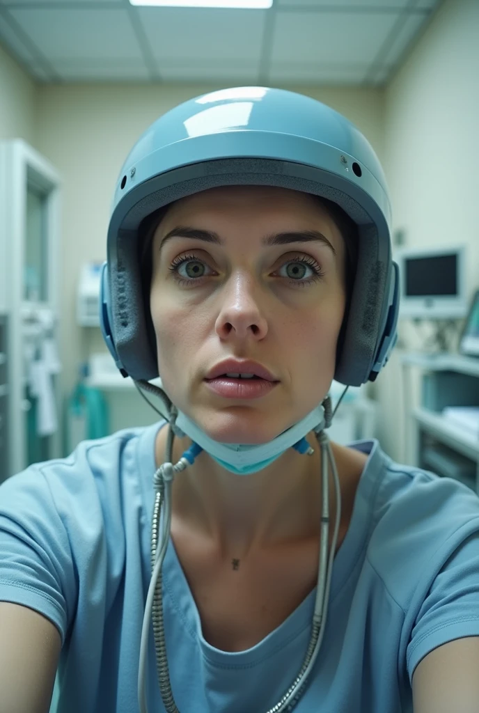 Selfie photo of my head during chemotherapy with a cooling helmet ...