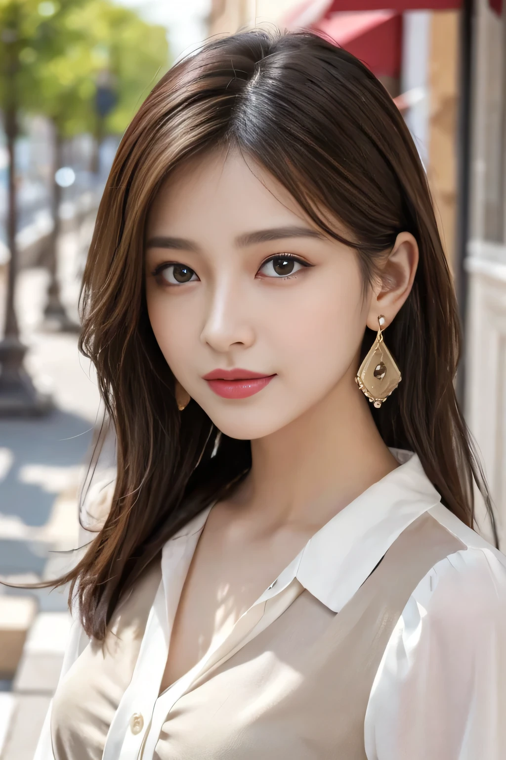 A close up of a woman wearing a white shirt and earrings - SeaArt AI