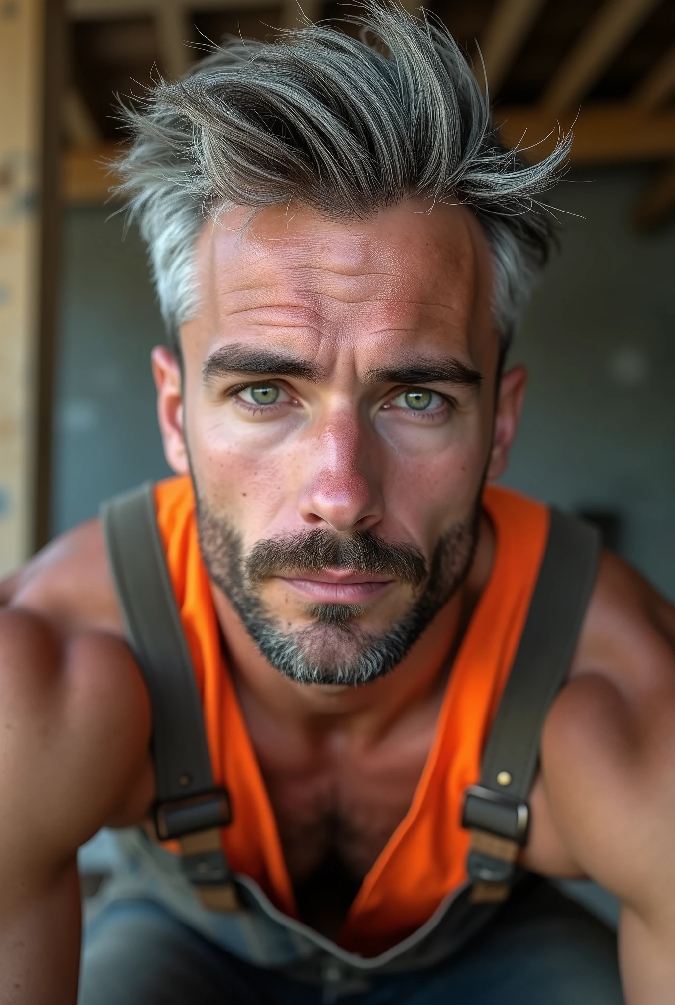 Arafed man with a beard and a orange vest sitting down - SeaArt AI