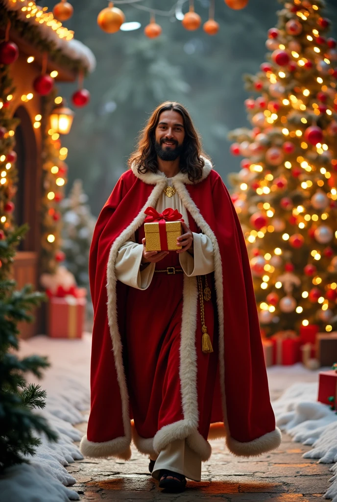 "Jesus Christ walks toward the camera wearing a full Santa Claus outfit ...