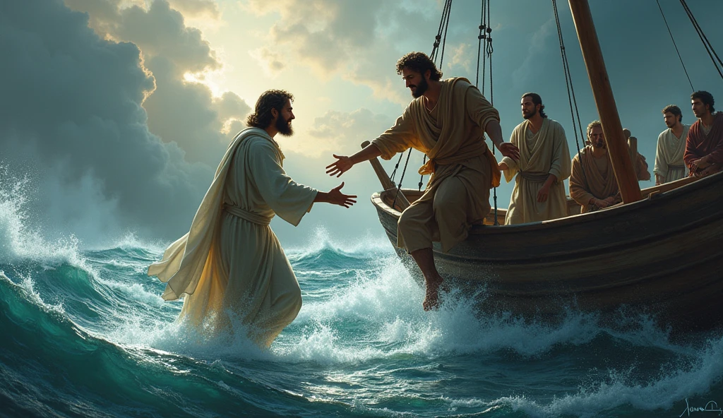 Peter, his body partially outside the boat, stands on the turbulent sea ...