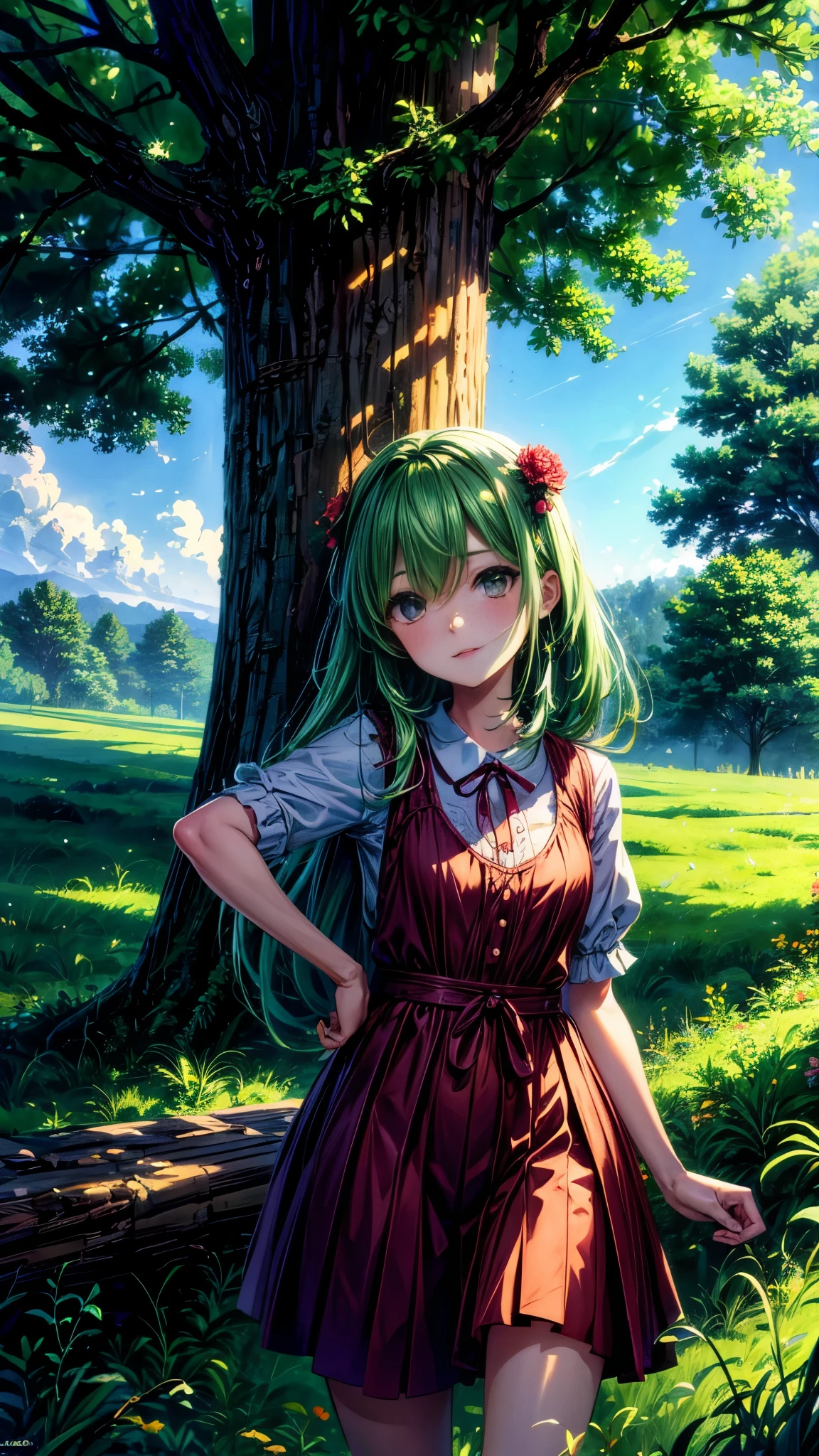 Anime girl in a red dress standing in front of a tree - SeaArt AI