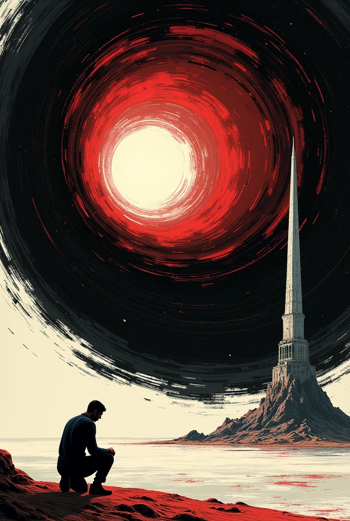 A circular black, red and white abstract sun pulling space deep int its ...