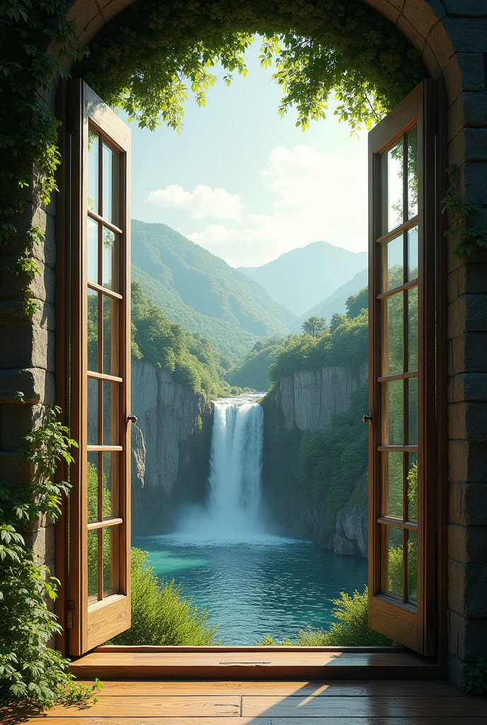 Photo with a window open to the outside with a very pleasant landscape ...